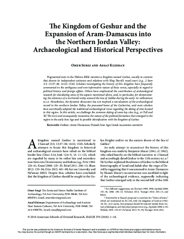 (PDF) Sergi, O. and Kleiman, A. 2018. The Kingdom of Geshur and the ...