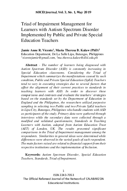 (PDF) Triad of Impairment Management for Learners with Autism Spectrum ...