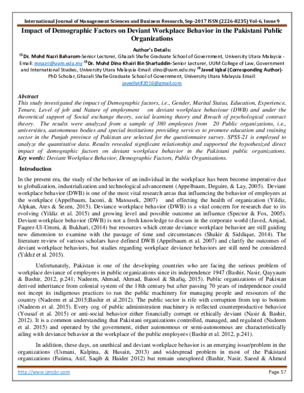 (PDF) Impact of Demographic Factors on Deviant Workplace Behavior in ...