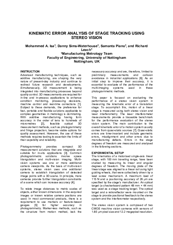 (PDF) KINEMATIC ERROR ANALYSIS OF STAGE TRACKING USING STEREO VISION