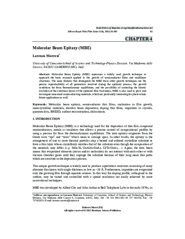 (PDF) Basics of Molecular Beam Epitaxy (MBE) technique
