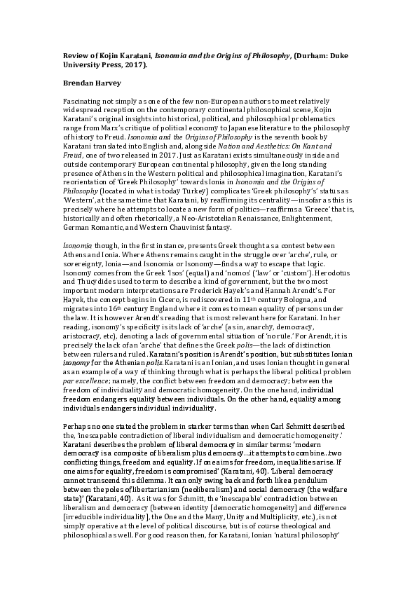 (PDF) Review of Kojin Karatani, Isonomia and the Origins of Philosophy