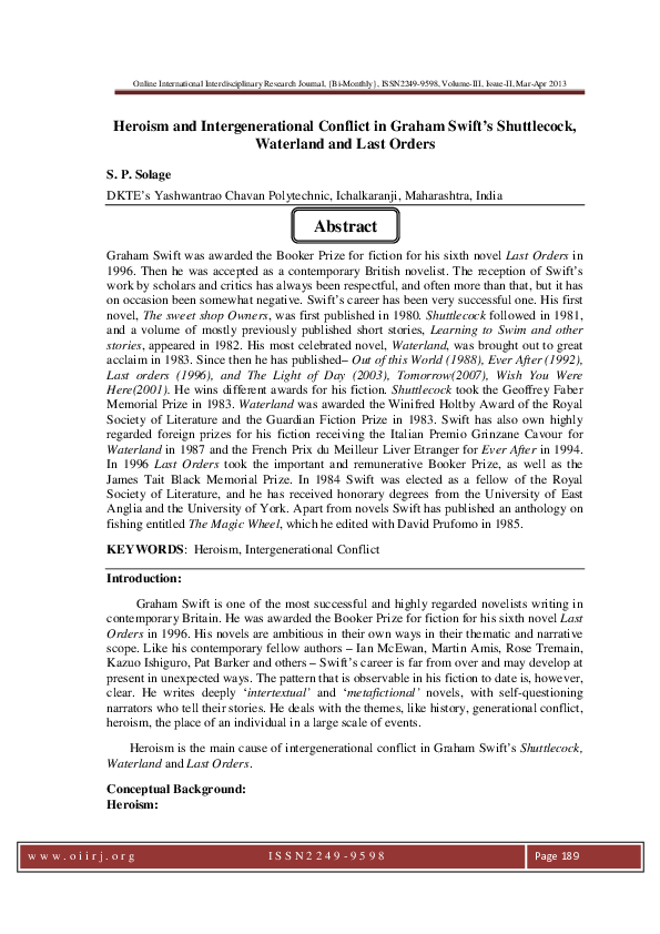 (PDF) Heroism and Intergenerational Conflict in Graham Swift’s Shuttlecock,