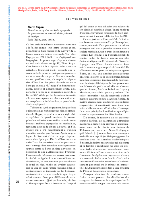 (PDF) Pierre Ragon, Pouvoir et corruption aux Indes espagnoles (review)