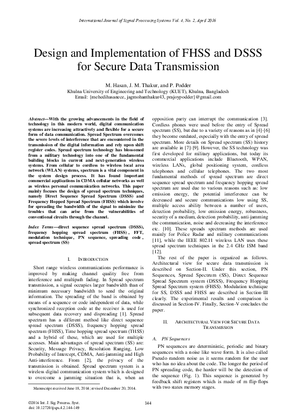 Pdf Design And Implementation Of Fhss And Dsss For Secure Data Transmission