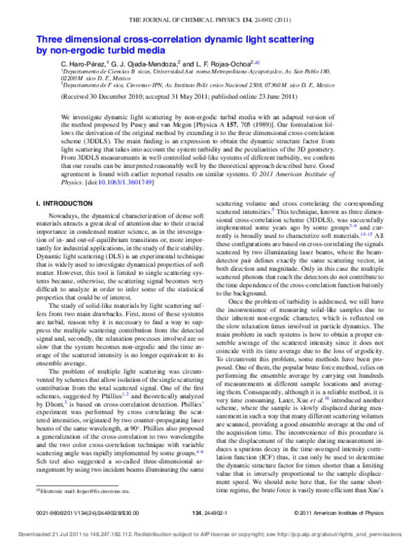 (PDF) Three dimensional cross-correlation dynamic light scattering by non-ergodic turbid media