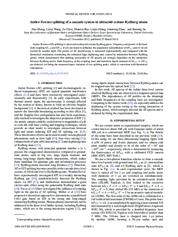 (PDF) Autler-Townes splitting of a cascade system in ultracold cesium ...
