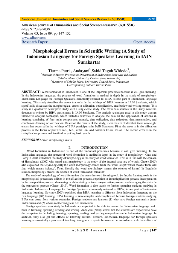 (PDF) Morphological Errors in Scientific Writing (A Study of Indonesian Language for Foreign ...