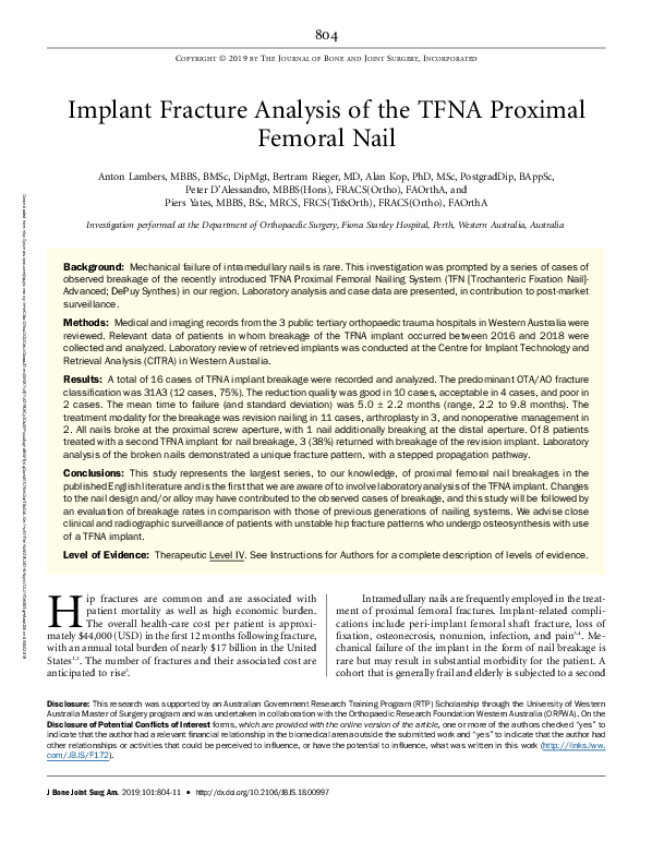 (PDF) Implant Fracture Analysis of the TFNA Proximal Femoral Nail