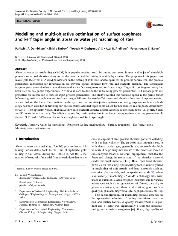 Pdf Modelling And Multi Objective Optimization Of Surface Roughness