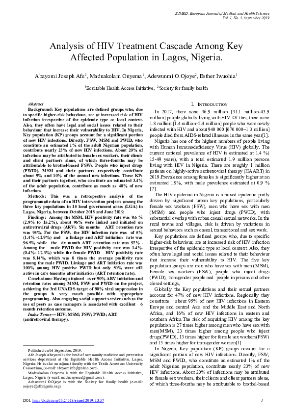 (PDF) Analysis of HIV Treatment Cascade Among Key Affected Population in Lagos, Nigeria.