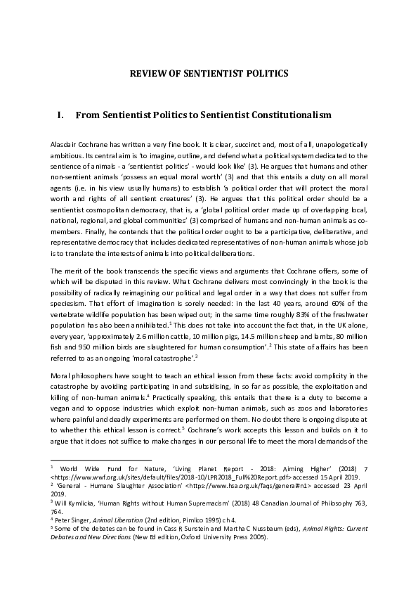 (DOC) Review of A. Cochrane, Sentientist Politics (OUP 2018)