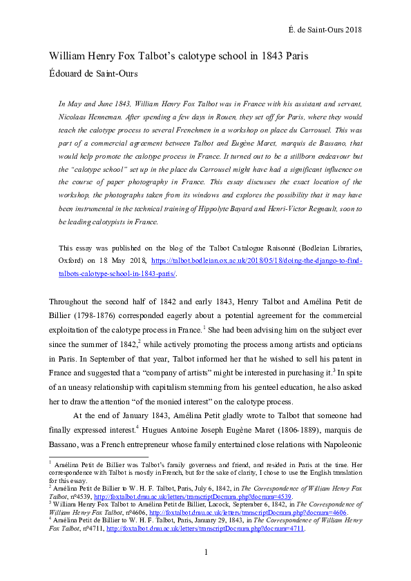 (PDF) William Henry Fox Talbot's calotype school in 1843 Paris