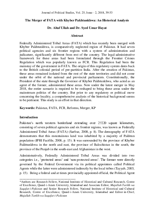 (PDF) The Merger of FATA with Khyber Pakhtunkhwa: An Historical Analysis