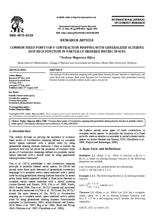 (PDF) COMMON FIXED POINTS OF F- DISTANCE FUNCTION IN PARTIALLY ORDERED METRIC SPACES