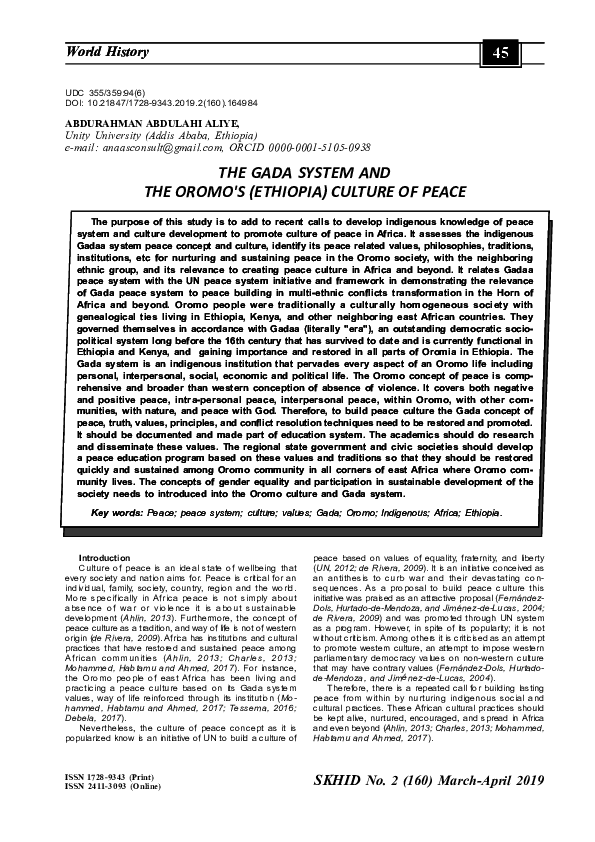 (PDF) THE GADA SYSTEM AND THE OROMO'S (ETHIOPIA) CULTURE OF PEACE