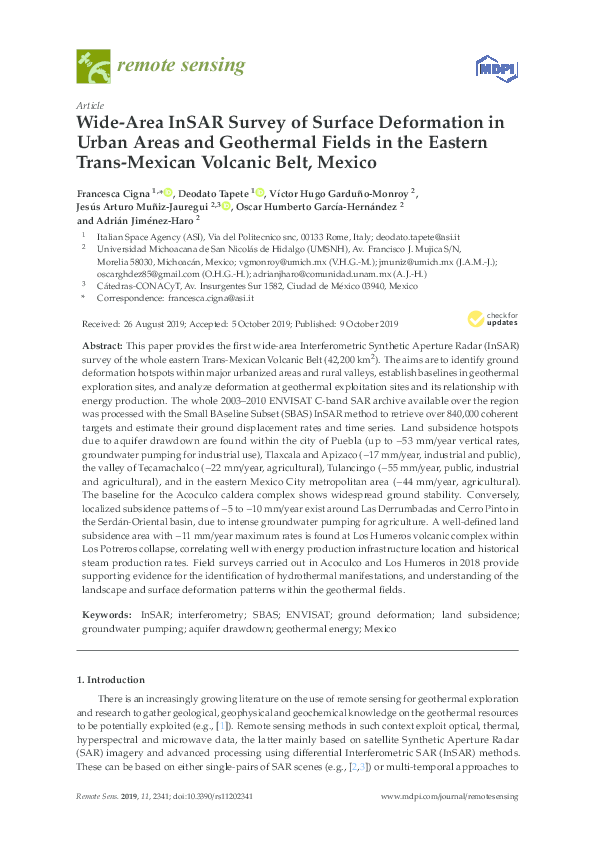 Pdf Wide Area Insar Survey Of Surface Deformation In Urban Areas And Geothermal Fields In The