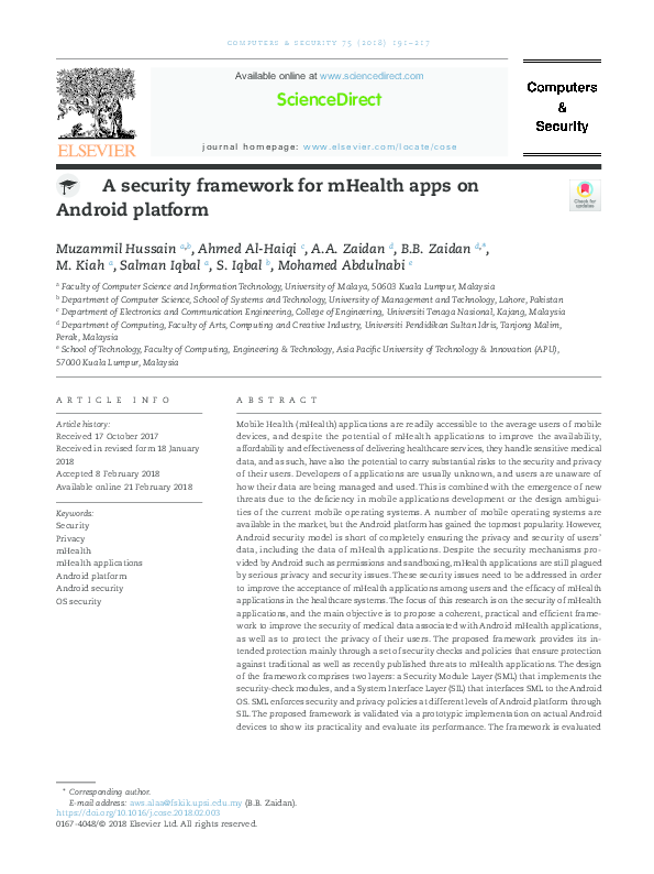 (PDF) A security framework for mHealth apps on Android platform
