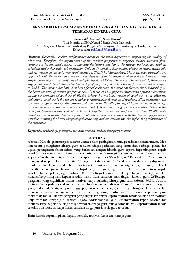 (PDF) PENGARUH KEPEMIMPINAN KEPALA SEKOLAH DAN MOTIVASI KERJA TERHADAP KINERJA GURU