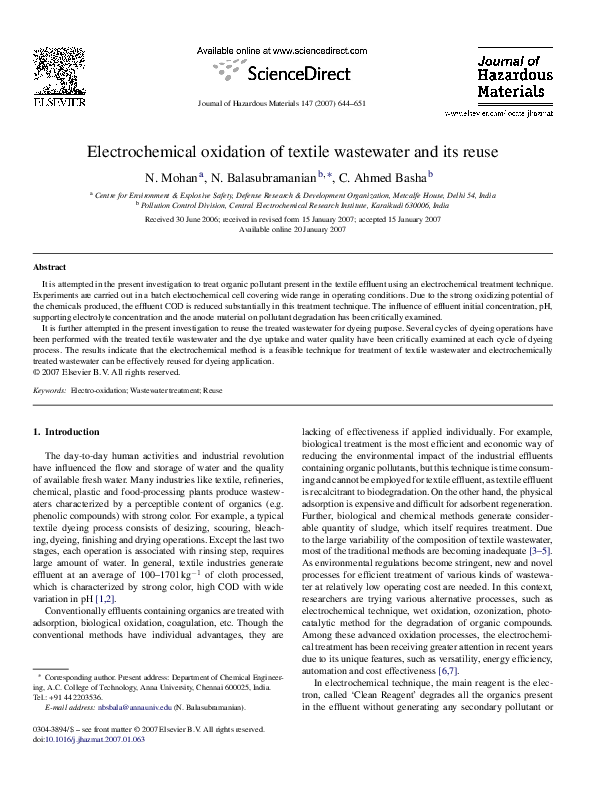 (PDF) Electrochemical oxidation of textile wastewater and its reuse