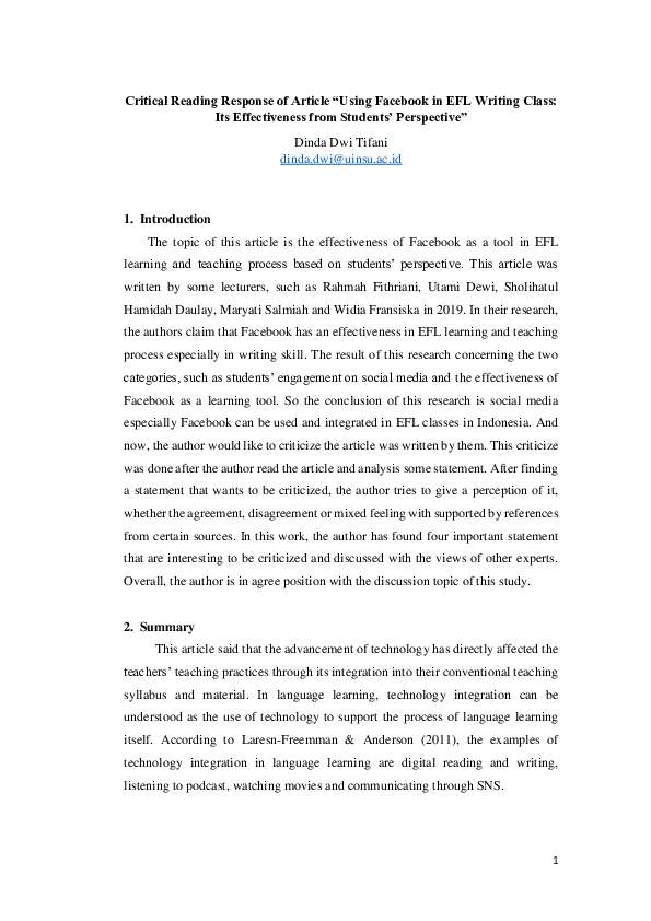 (PDF) Critical Reading Response of Article "Using Facebook in EFL ...