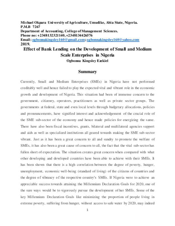 (PDF) Effect of Bank Lending on the Development of Small and Medium Scale Enterprises in Nigeria
