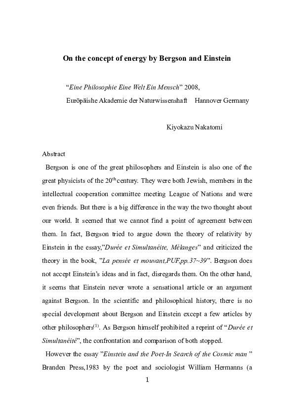 (PDF) On the concept of energy by Bergson and Einstein