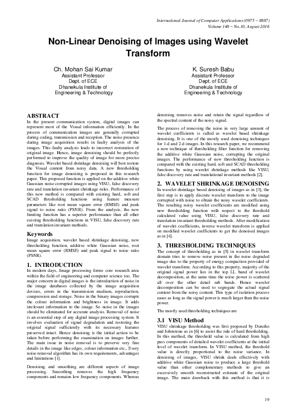 (PDF) Non-Linear Denoising of Images using Wavelet Transform