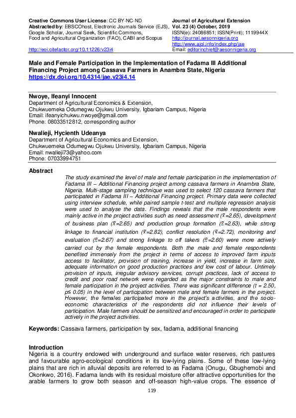 (PDF) Male and Female Participation in the Implementation of Fadama III ...