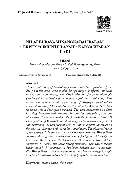 (PDF) NILAI BUDAYA MINANGKABAU DALAM CERPEN "CIMUNTU LANSIE" KARYA WISRAN HADI