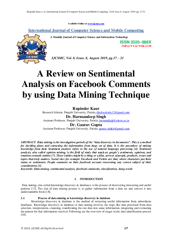 A Review On Sentimental Analysis On Facebook Comments By Using Data Mining Technique﻿