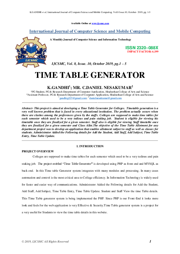 (PDF) TIME TABLE GENERATOR﻿ | IJCSMC Journal - Academia.edu