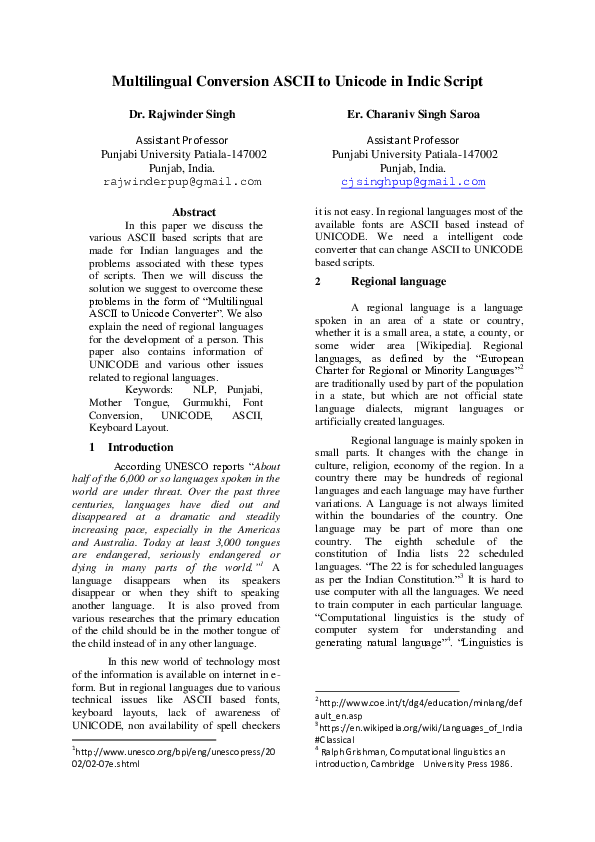 Pdf Multilingual Conversion Ascii To Unicode In Indic Script