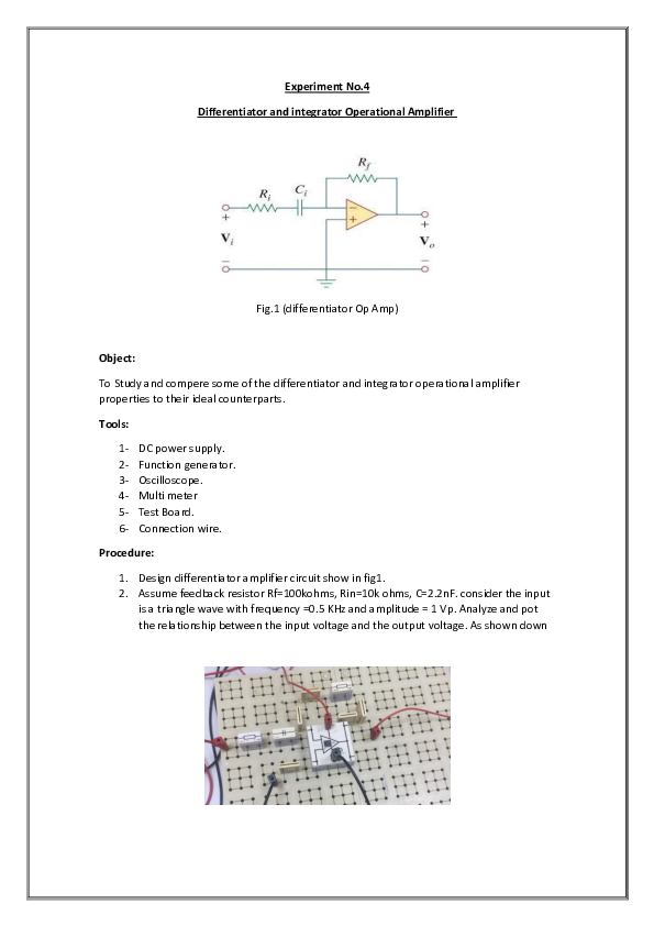 Pdf Experiment No4 Differentiator And Integrator Operational