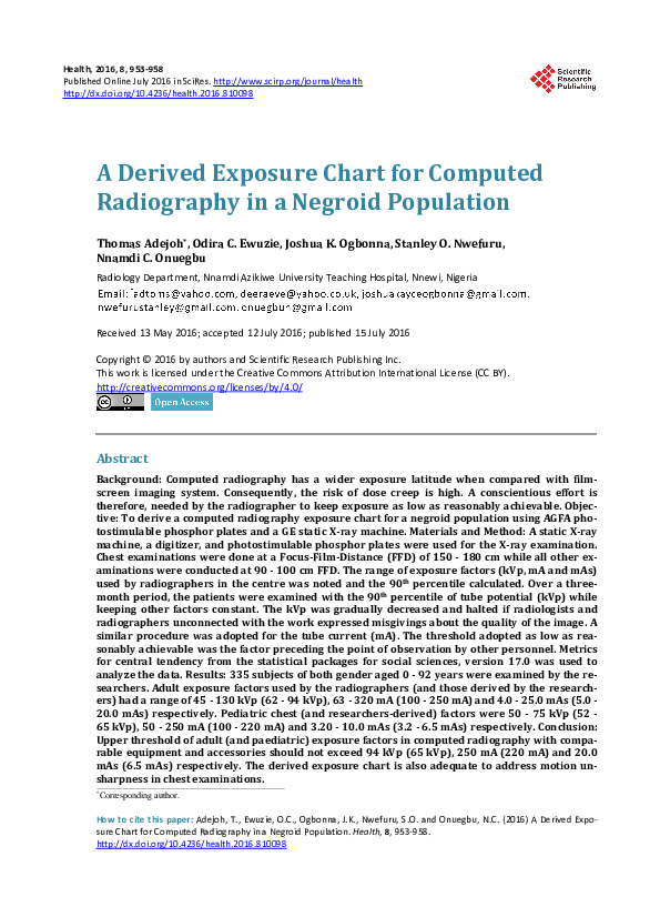 (PDF) A Derived Exposure Chart for Computed Radiography in a Negroid ...