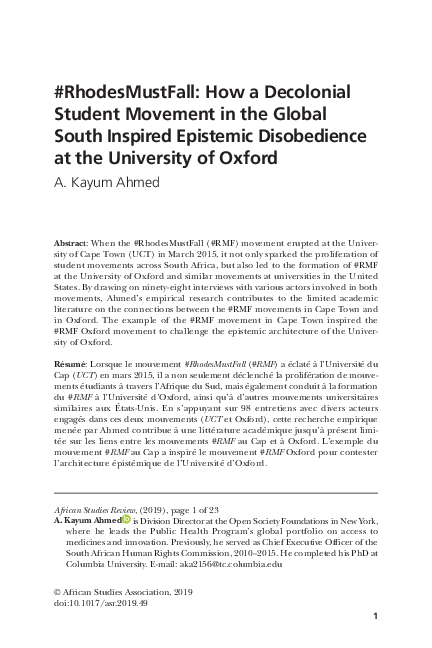 (PDF) RhodesMustFall: How a Decolonial Student Movement in the Global ...