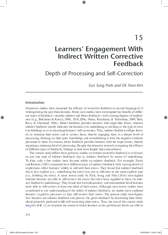 (PDF) Learners' engagement with indirect written corrective feedback: depth of processing and ...