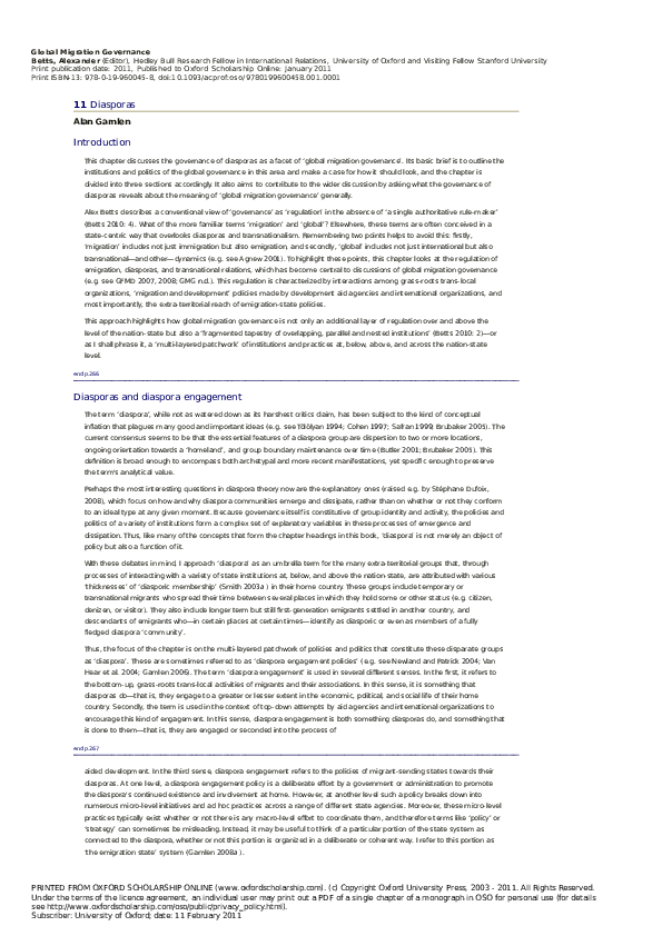 (PDF) Gamlen, A. 2011 Diasporas, in Betts, Alexander (eds), Global ...