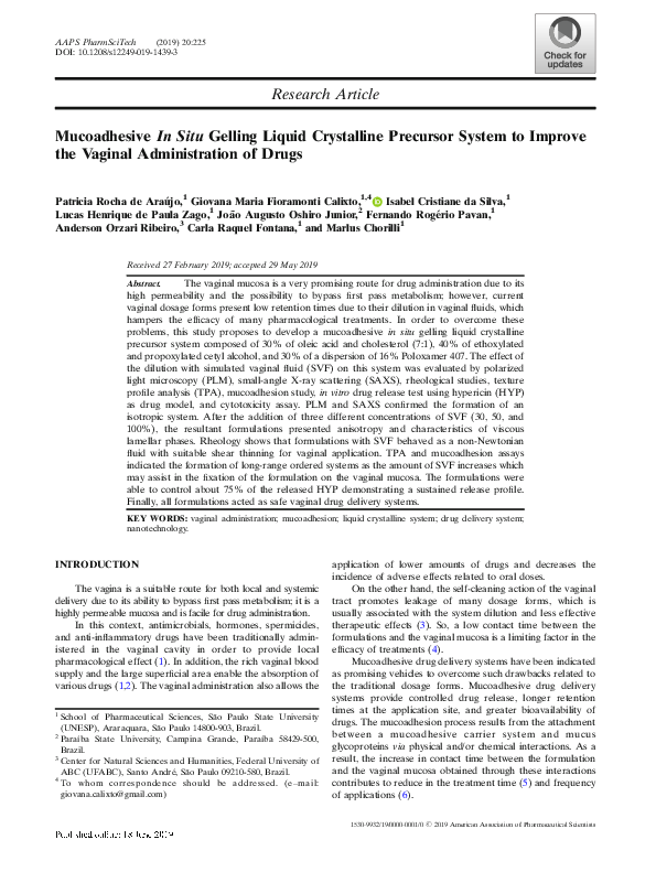 Pdf Mucoadhesive In Situ Gelling Liquid Crystalline Precursor System To Improve The Vaginal