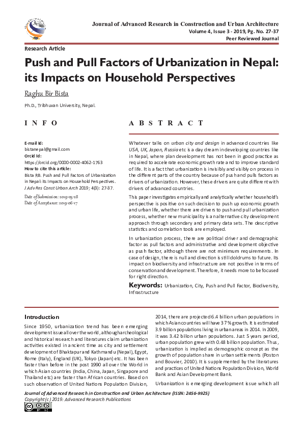 (PDF) 27-37 Peer Reviewed Journal Bista RB. Push and Pull Factors of Urbanization in Nepal: its ...