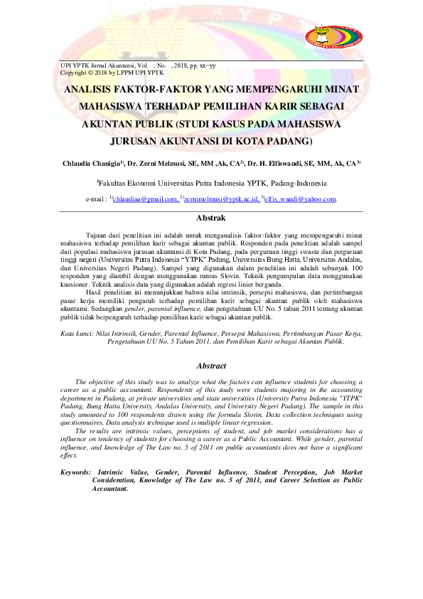 (DOC) ANALISIS FAKTOR-FAKTOR YANG MEMPENGARUHI MINAT MAHASISWA TERHADAP PEMILIHAN KARIR SEBAGAI ...