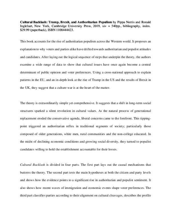 (PDF) Cultural backlash: Trump, Brexit, and authoritarian populism, by ...