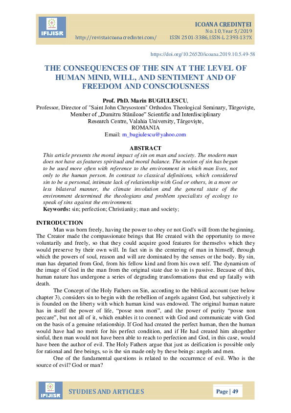 (PDF) THE CONSEQUENCES OF THE SIN AT THE LEVEL OF HUMAN MIND, WILL, AND ...