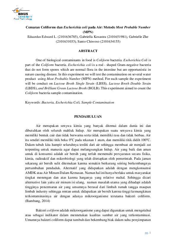 (DOC) Cemaran Coliforms dan Escherichia coli pada Air: Metode Most ...