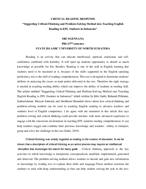 (DOC) CRITICAL READING RESPONSE "Suggesting Critical-Thinking and ...