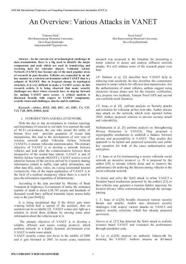 (PDF) An Overview: Various Attacks in VANET