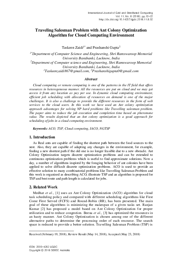 (PDF) Traveling Salesman Problem with Ant Colony Optimization Algorithm for Cloud Computing ...