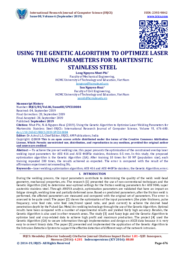 Pdf Using The Genetic Algorithm To Optimize Laser Welding Parameters