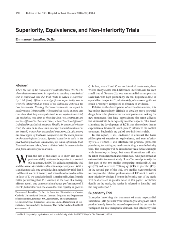 (PDF) Superiority, Equivalence, and Non-Inferiority Trials