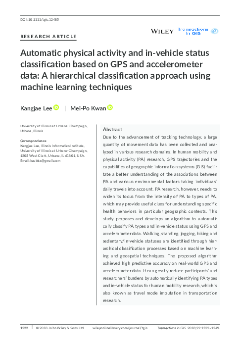Pdf Automatic Physical Activity And In Vehicle Status Classification Based On Gps And